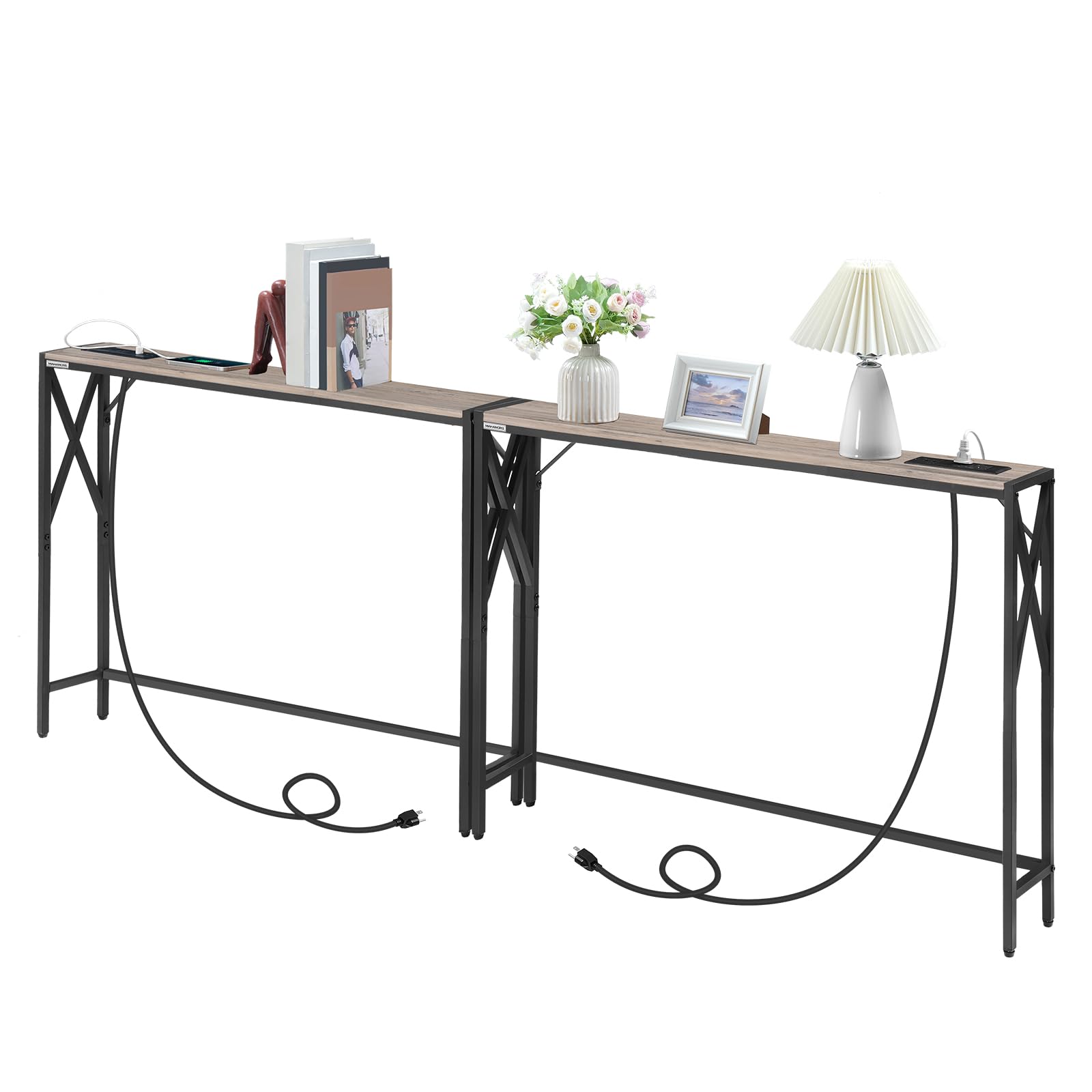 MAHANCRIS 2 Pack Sofa Table with Charging Station, 39.4” Console Table, Narrow Entryway Table, Slim Hallway Table, Retro Couch Table, for Entrance, Foyer, Living Room, Hallway, Greige CTHG151E01S2