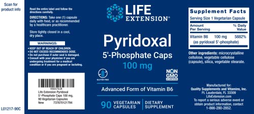 Life Extension Pyridoxal-5'-Phosphate Caps P5P 100 mg, 90 Veg Capsules (Pack of 2) - Advanced Vitamin B6 Supplement