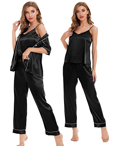 SWOMOG Womens Silk Satin Pajamas Sets 4pcs Sleepwear Sexy Cami Shorts Set and Button Down Short Sleeve Pjs Loungewear A-black