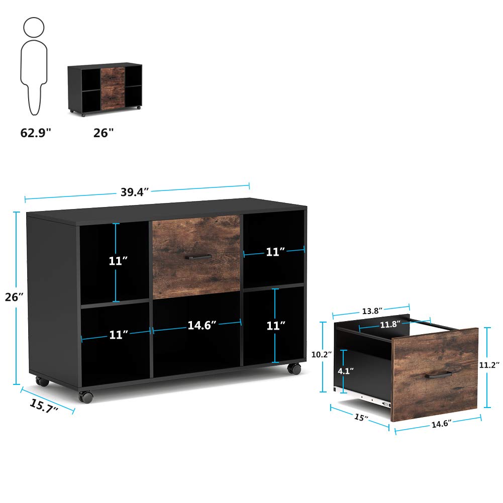 Tribesigns 2 Drawer File Cabinet, Large Mobile Lateral Filing Cabinet for Letter Size, Printer Stand with Storage Shelves and Rolling Wheels for Home Office (Black/Rustic)