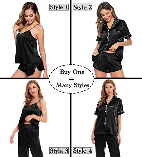 SWOMOG Womens Silk Satin Pajamas Sets 4pcs Sleepwear Sexy Cami Shorts Set and Button Down Short Sleeve Pjs Loungewear A-black