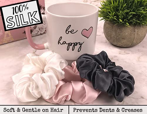 Celestial Silk Mulberry Silk Scrunchies for Hair (Large, Charcoal, Pink, Ivory)