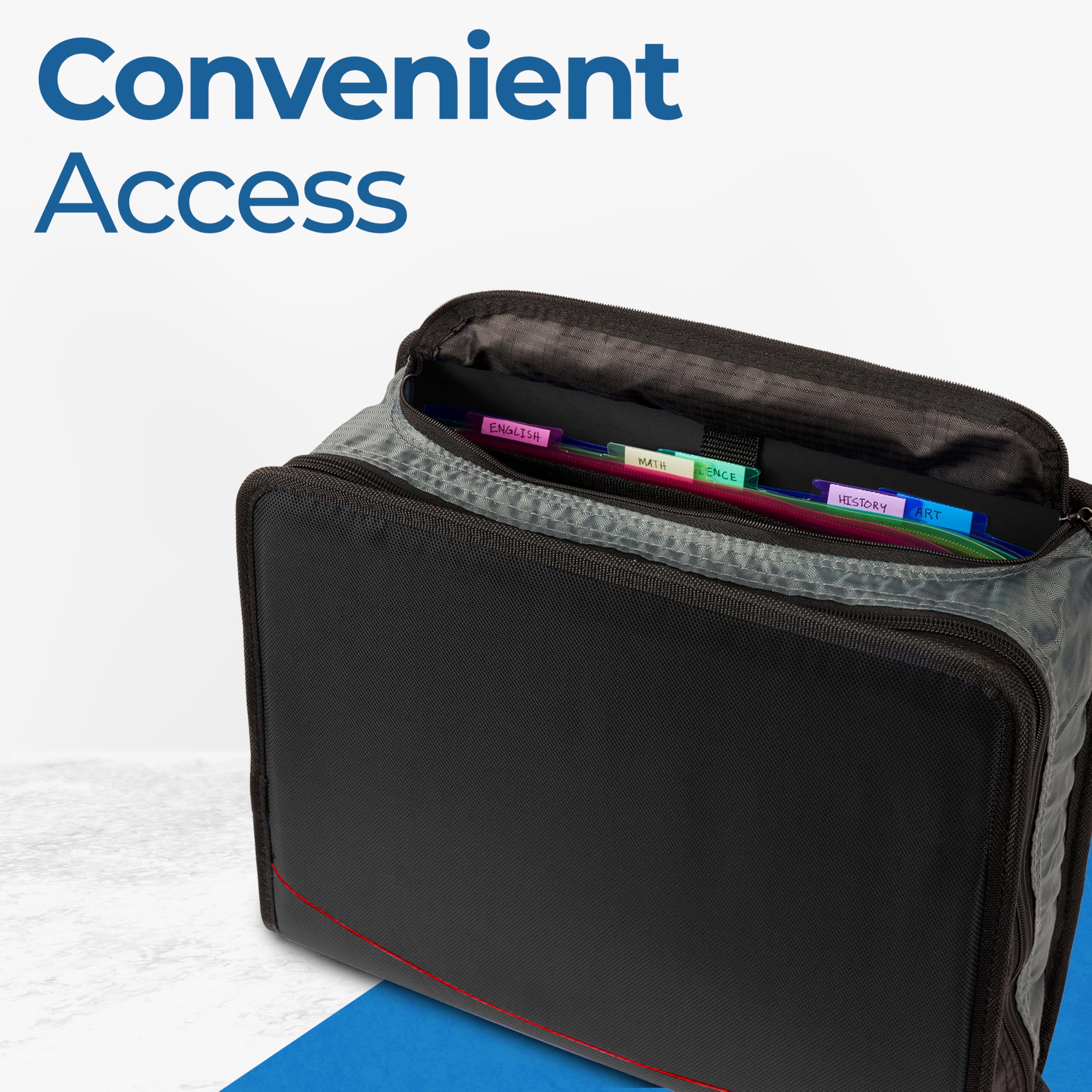 Case-it The King Sized Zip Tab Zipper Binder - 4 Inch D-Rings - 5 Subject File Folder - Multiple Pockets - 800 Sheet Capacity - Comes with Shoulder Strap - Jet Black D-186