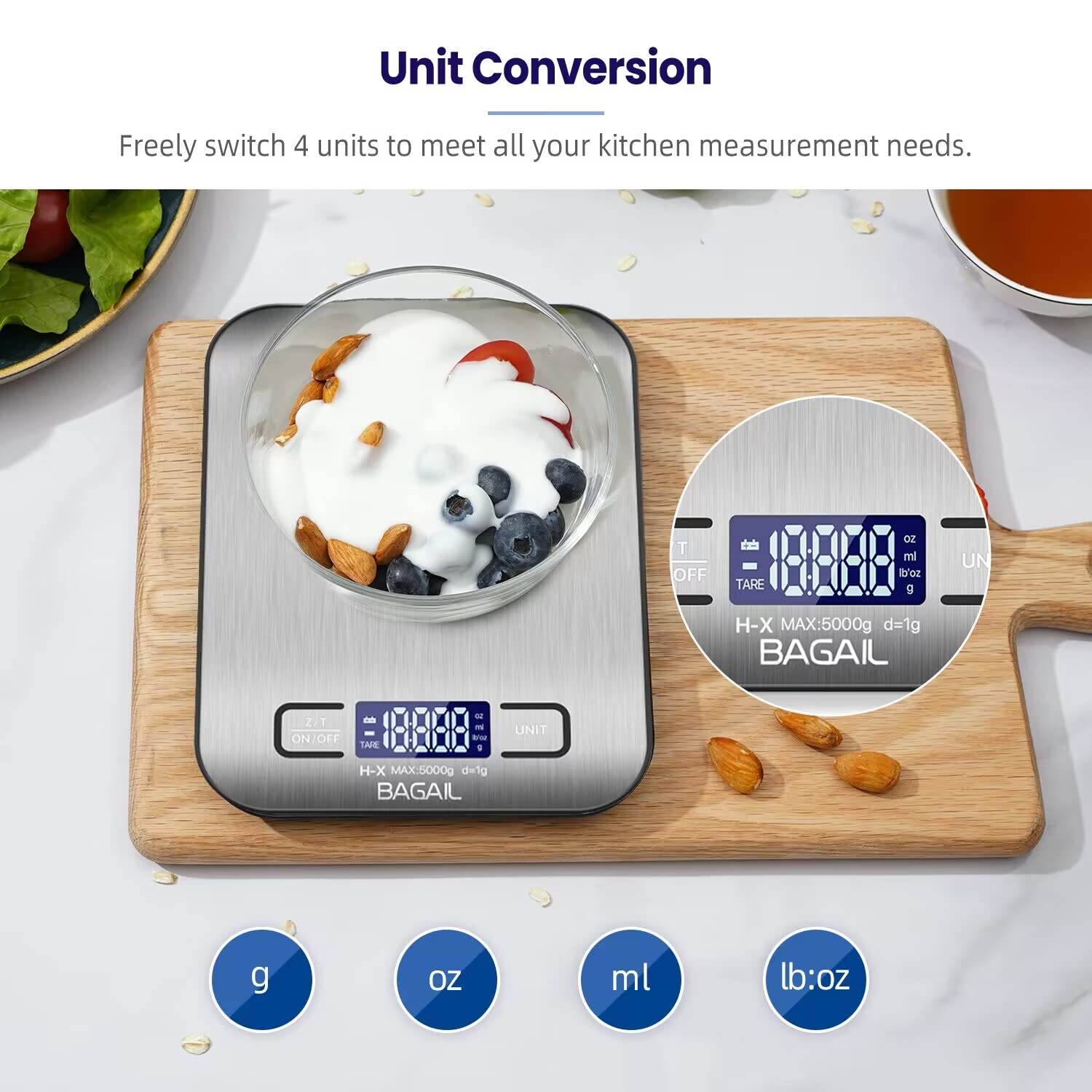 BAGAIL Digital Kitchen Scale, Premium Stainless Steel Food Scales Weight Grams and Oz for Baking and Cooking,11lb/5kg with 0.1oz/1g Precision