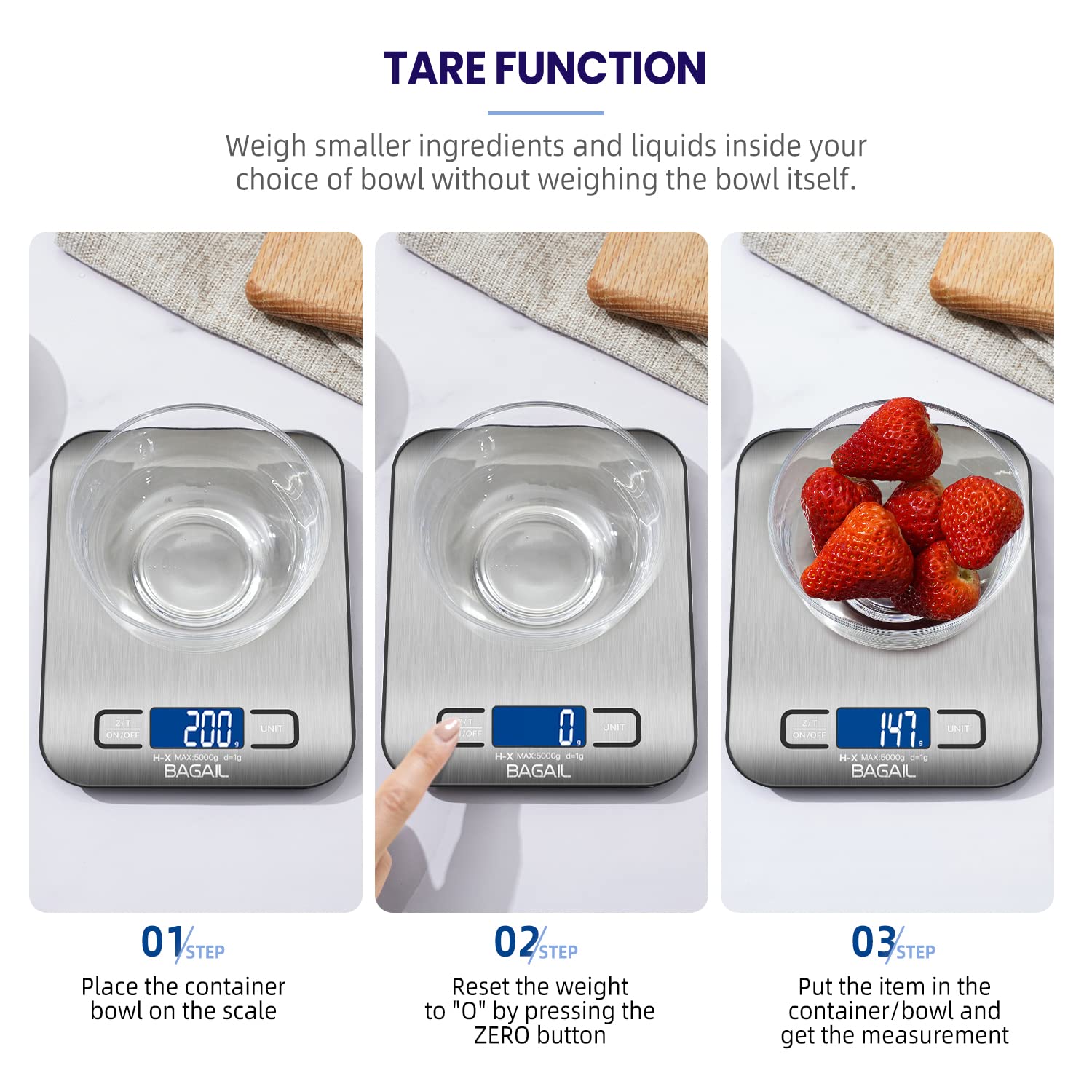 BAGAIL Digital Kitchen Scale, Premium Stainless Steel Food Scales Weight Grams and Oz for Baking and Cooking,11lb/5kg with 0.1oz/1g Precision