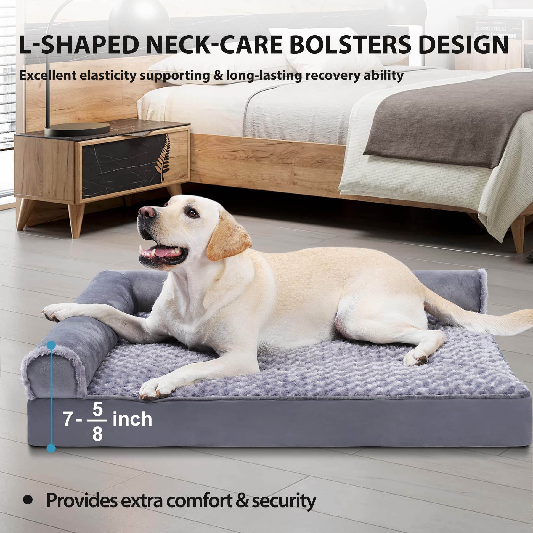 MIHIKK Orthopedic Dog Couch Bed Deluxe Plush L-Shaped with Waterproof Lining Bolster Dog Sleeping Sofa with Removable Washable Cover & Nonskid Bottom Pet Bed for Medium Large Jumbo Dogs, Gray