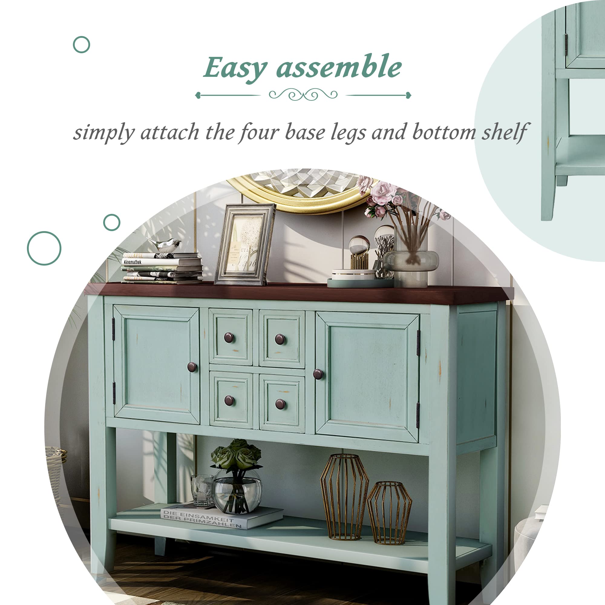 AnwickNomo Sofa Tables Narrow Long,Retro Wood Console Table with 4 Drawers and Bottom Shelf,Rustic Entryway Table, Sideboard Table with Storage (Retro Blue)