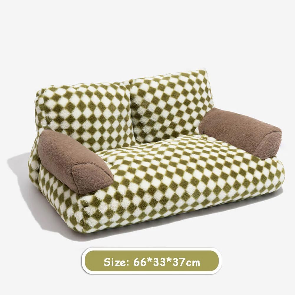 EZOPII Pet Couch Sofa, Checkers Plaid Washable Cat Beds for Medium Small Dogs & Cats - Durable Plush Cat Couch Pet Sofa - Soft Anti-Slip (Green Plaid)