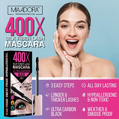 400X Pure Silk Fiber Lash Mascara [Ultra Black Volume and Length], Longer & Thicker Eyelashes, Waterproof, Long Lasting, Instant & Very Easy to Apply, Smudge-proof, Hypoallergenic, Cruelty & Paraben Free (Mia Adora)