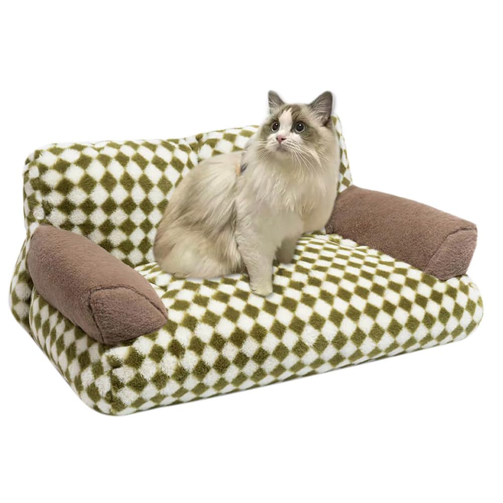 EZOPII Pet Couch Sofa, Checkers Plaid Washable Cat Beds for Medium Small Dogs & Cats - Durable Plush Cat Couch Pet Sofa - Soft Anti-Slip (Green Plaid)