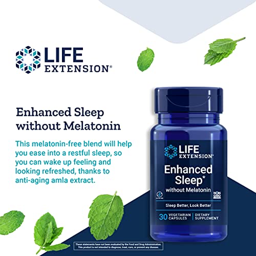 Life Extension Enhanced Sleep without Melatonin - Melatonin Free Sleep Support Supplement with Ashwagandha, Amla Extracts & Casein Milk Peptides โ Gluten-Free, Non-GMO, Vegetarian โ 30 Capsules