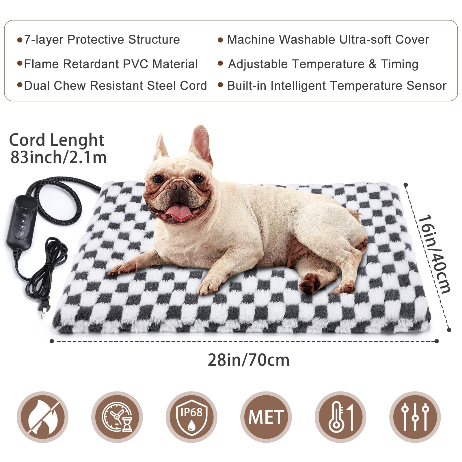 MIXJOY Heated Dog Bed, 11 Adjustable Temperature Dog Heating Pad Indoor with Timer, Pet Heating Pad for Dogs Cats, Electric Cat Heating Pad with Washable Cover, Heated Pet bed-28''x16'', Medium