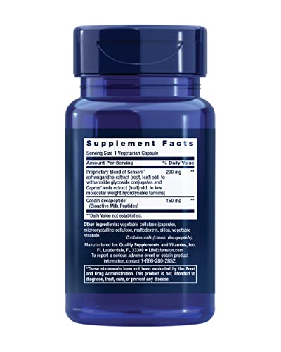 Life Extension Enhanced Sleep without Melatonin - Melatonin Free Sleep Support Supplement with Ashwagandha, Amla Extracts & Casein Milk Peptides โ Gluten-Free, Non-GMO, Vegetarian โ 30 Capsules