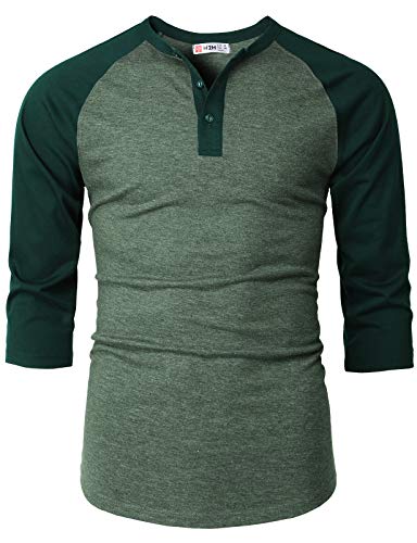 H2H Mens Casual Slim Fit Raglan Baseball Three-Quarter Sleeve Henley T-Shirts HEATHERGREEN US M/Asia L (CMTTS0229)