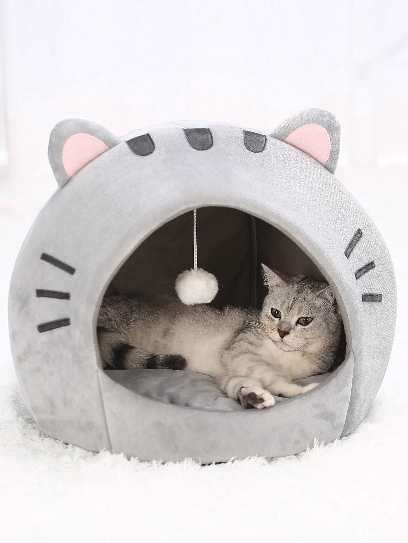 QWINEE Indoor Cat Bed Cave with Removable Cushion - Pet Plush Tent House Cartoon Ear Design Pet Bed with Pompom for Cats Kitten Dogs Puppy and Rabbit Multicolor L