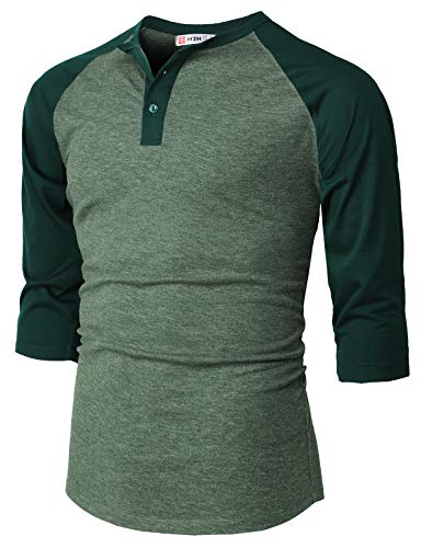 H2H Mens Casual Slim Fit Raglan Baseball Three-Quarter Sleeve Henley T-Shirts HEATHERGREEN US M/Asia L (CMTTS0229)