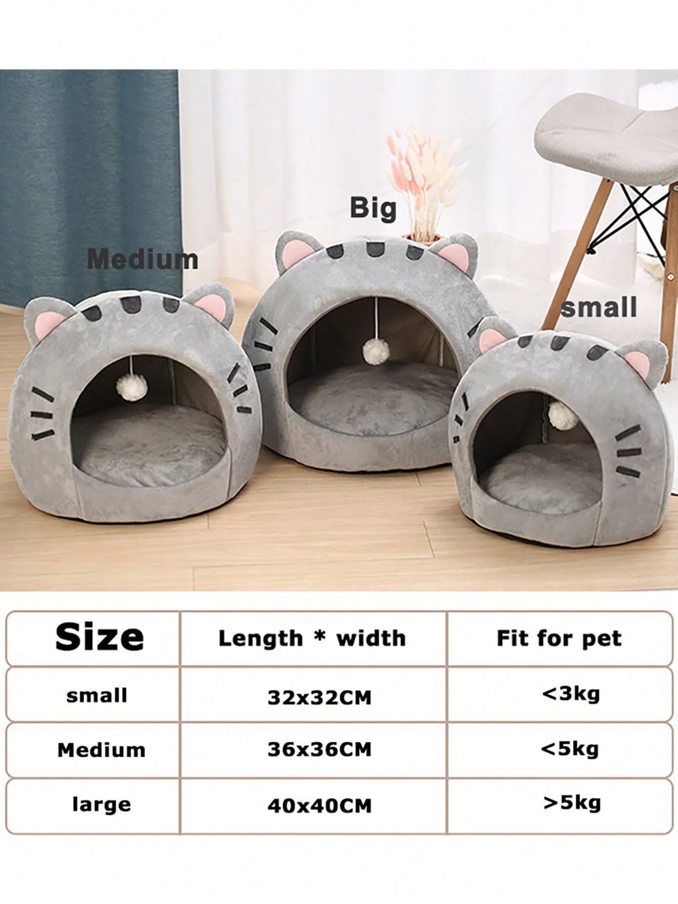 QWINEE Indoor Cat Bed Cave with Removable Cushion - Pet Plush Tent House Cartoon Ear Design Pet Bed with Pompom for Cats Kitten Dogs Puppy and Rabbit Multicolor L