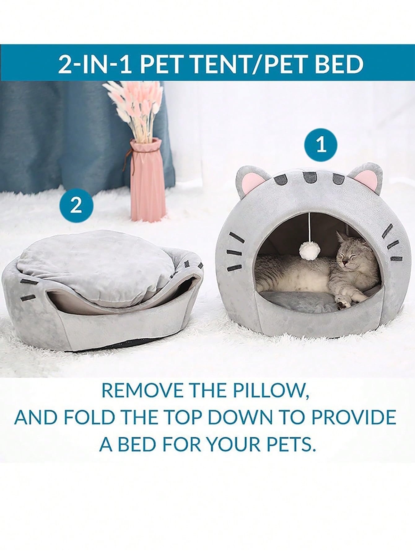 QWINEE Indoor Cat Bed Cave with Removable Cushion - Pet Plush Tent House Cartoon Ear Design Pet Bed with Pompom for Cats Kitten Dogs Puppy and Rabbit Multicolor L