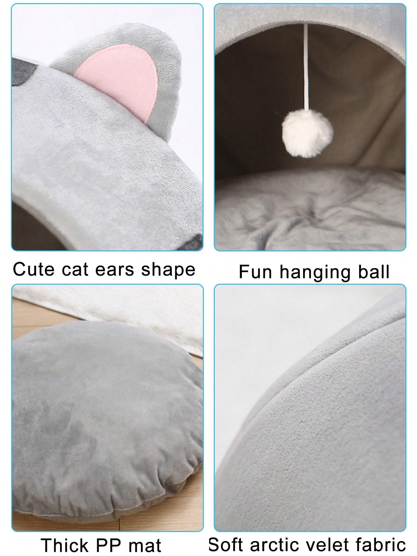 QWINEE Indoor Cat Bed Cave with Removable Cushion - Pet Plush Tent House Cartoon Ear Design Pet Bed with Pompom for Cats Kitten Dogs Puppy and Rabbit Multicolor L