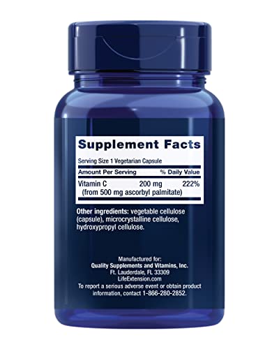 Life Extension Ascorbyl Palmitate 500mg – Fat-Soluble Vitamin C Supplement for Immune Support and Longevity – Water-Soluble Gluten-Free, Non-GMO, Vegetarian – 100 Capsules
