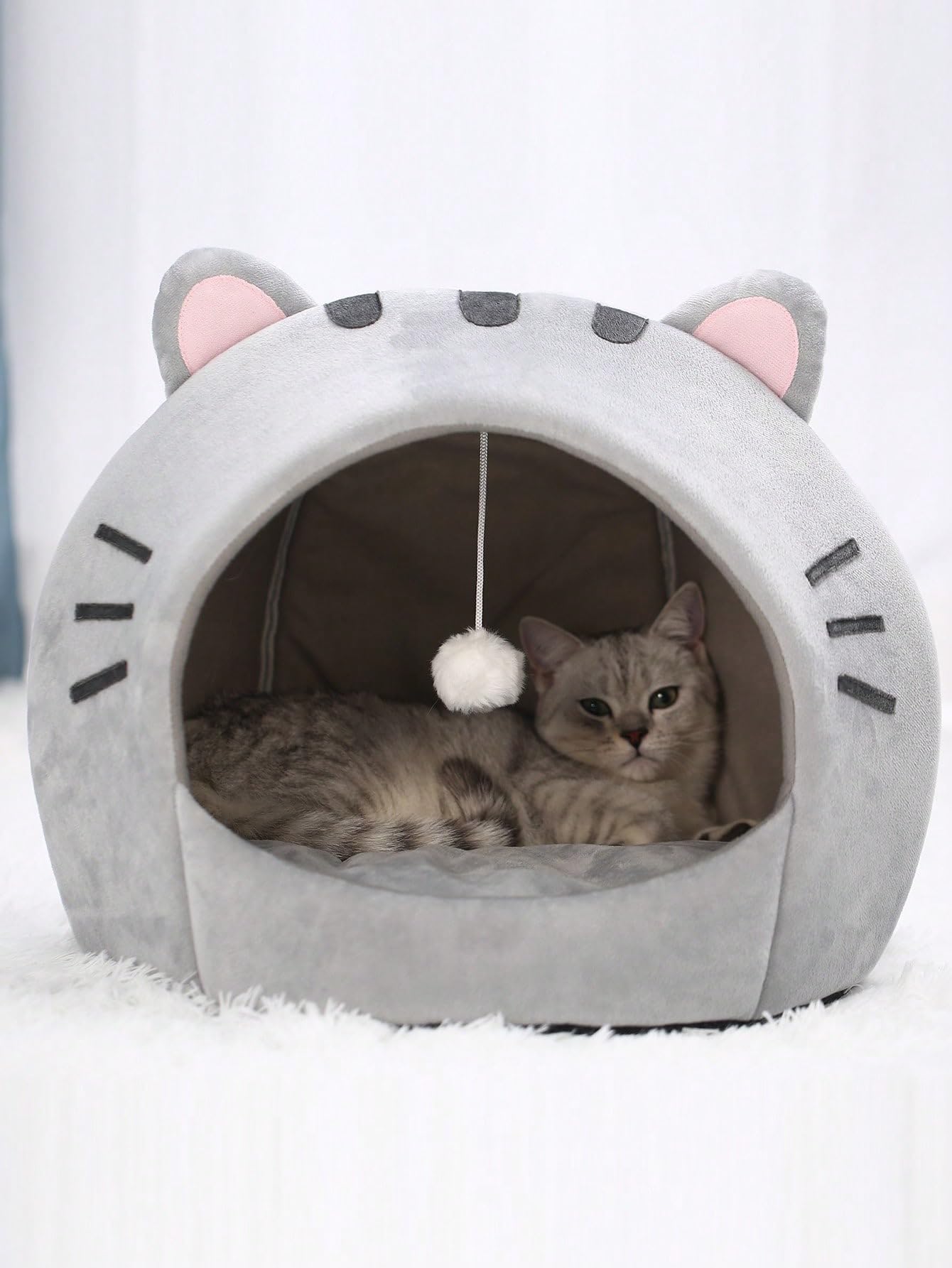 QWINEE Indoor Cat Bed Cave with Removable Cushion - Pet Plush Tent House Cartoon Ear Design Pet Bed with Pompom for Cats Kitten Dogs Puppy and Rabbit Multicolor L