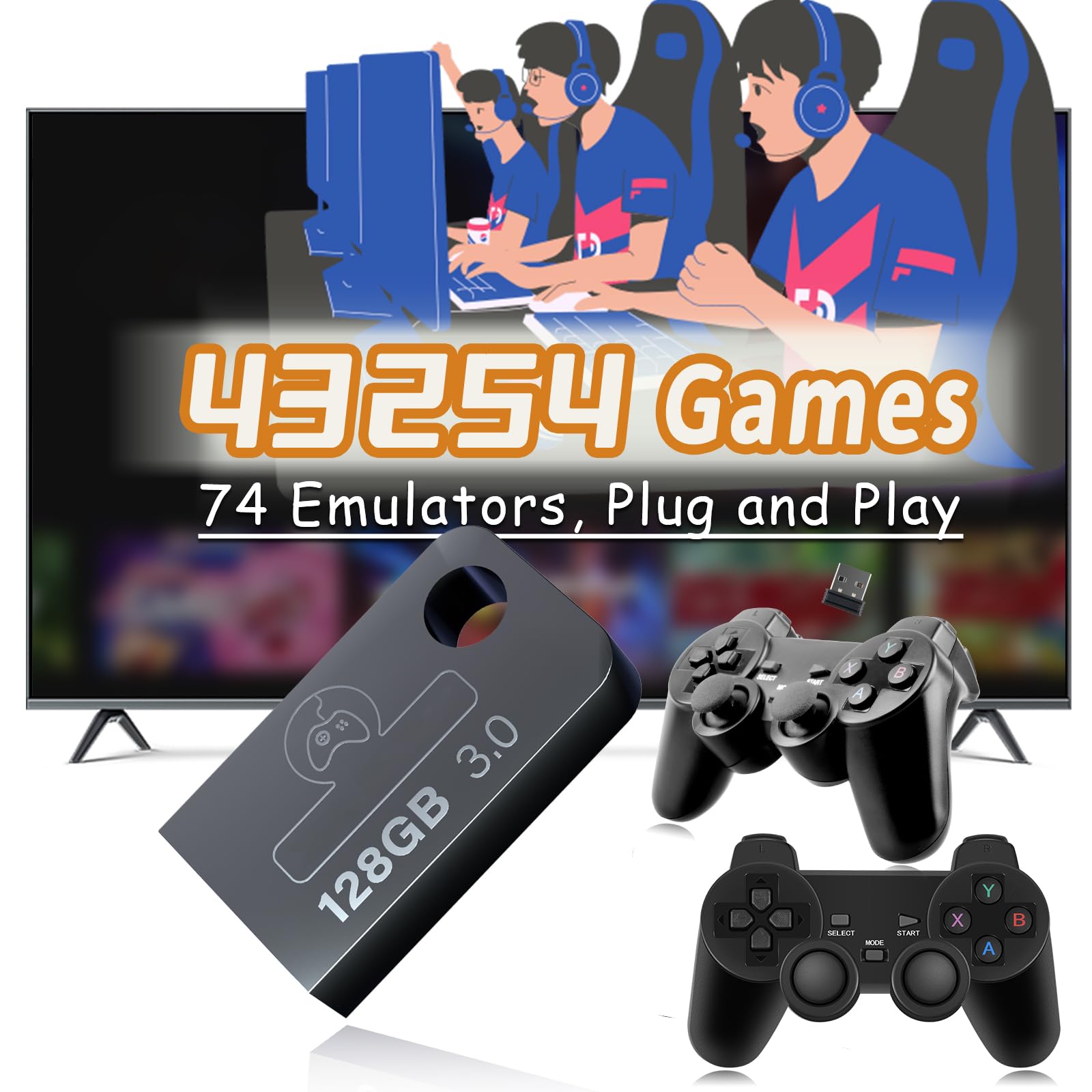 Retro Game Console 128G USB Drive for PC/Win 600, 74 Emulator Console, 43254 Video Games, Batocera 37 Game System Plug and Play, USB 3.0 for Win 8.1/10/11/Inter Mac, 2 Wireless CTL Support 26.8-32.4ft