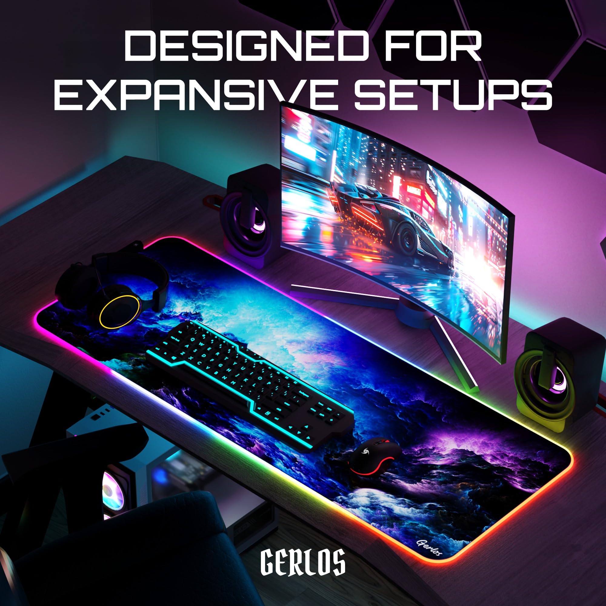RGB Gaming Mouse Pad, Gerlos Large Extended Soft Led Mouse Pad with 12 Lighting Modes 2 Brightness Levels, Water Resist Keyboard Pad, Computer Keyboard Mousepads Mat 800 x 300mm / 31.5×11.8 inches