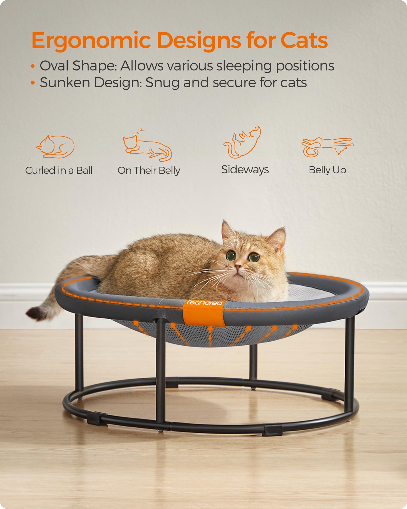 Feandrea Pet Bed, Cat Hammock, Elevated Cat Bed for Multiple Cats, with Removable Washable Mesh, for Pets up to 20 lb, Oval, Gray UPCB001G01