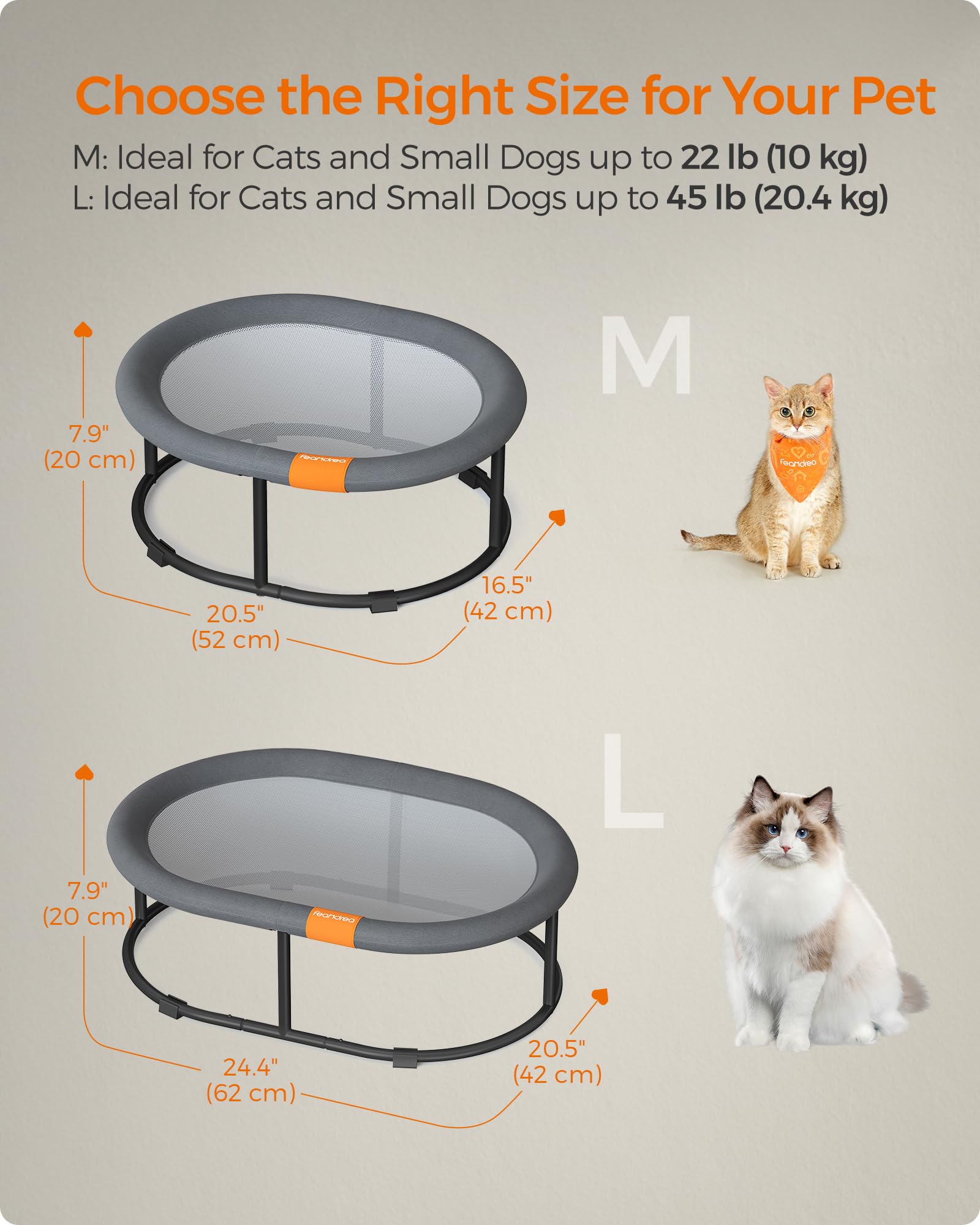 Feandrea Pet Bed, Cat Hammock, Elevated Cat Bed for Multiple Cats, with Removable Washable Mesh, for Pets up to 20 lb, Oval, Gray UPCB001G01