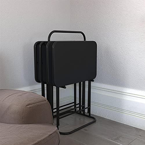 COSCO 5-Piece Folding Vinyl Top TV Tray, Black with Storage Rack, Multi-Purpose, for Snacks, Portable Workspace, & Easy to Store Activity Table Set, 1-Pack