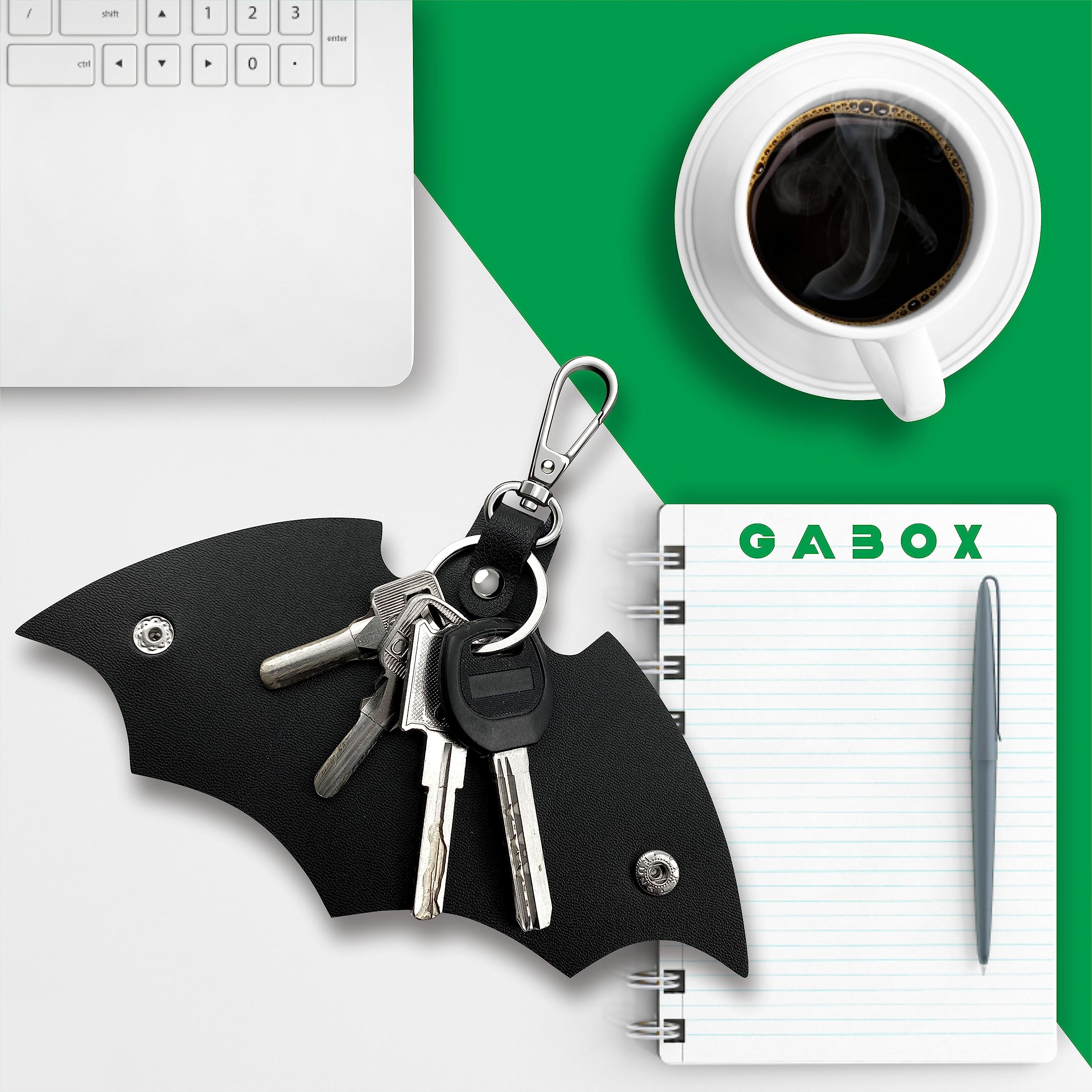 Black Bat Leather Keychain Car Key Fob EDC Key Chain Case Accessories with Key Ring Clip, Snap Closure, for Men Women Boyfriend Gifts