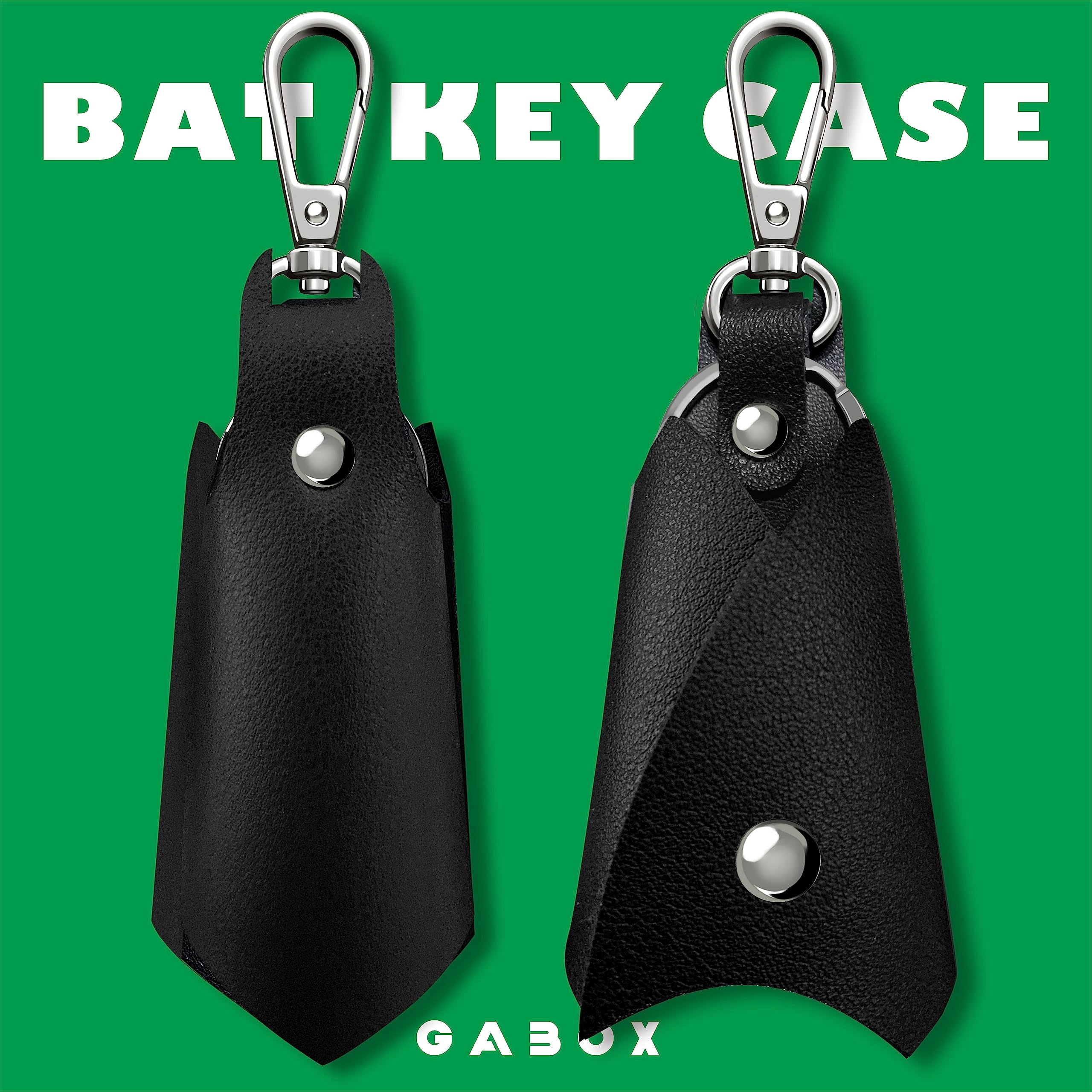 Black Bat Leather Keychain Car Key Fob EDC Key Chain Case Accessories with Key Ring Clip, Snap Closure, for Men Women Boyfriend Gifts