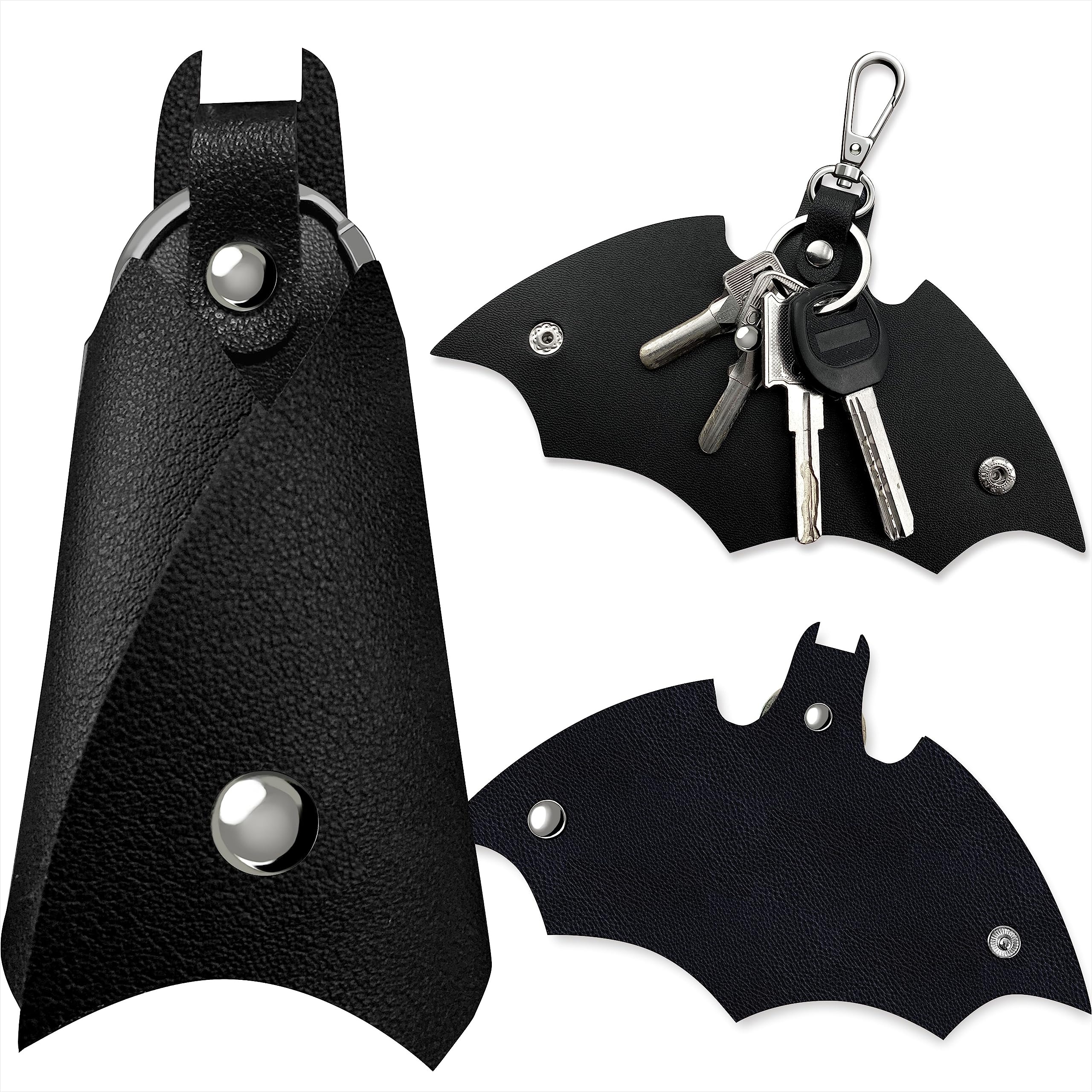 Black Bat Leather Keychain Car Key Fob EDC Key Chain Case Accessories with Key Ring Clip, Snap Closure, for Men Women Boyfriend Gifts