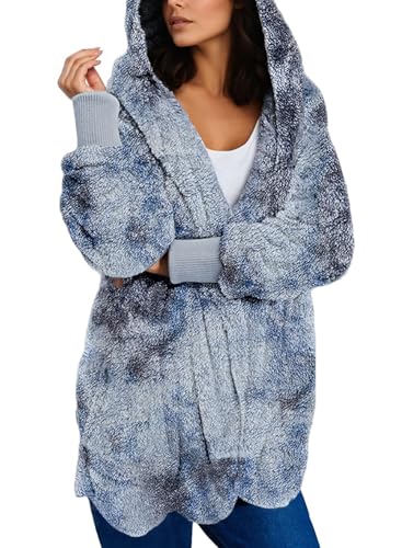Dokotoo Womens Fashion Plus Size Ladies Chunky Fuzzy Winter Fall Oversized Open Front Long Sleeve Fleece Pocket Hooded Cardigan Sweater Jacket Coat Outerwear Tie Dye Blue XX-Large