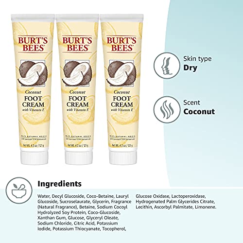 Foot Cream, Burt's Bees Moisturizing Lotion for Dry Skin, with Coconut Oil & Vitamin E, All Natural, 4.34 Ounce (Pack of 3) (Packaging May Vary)