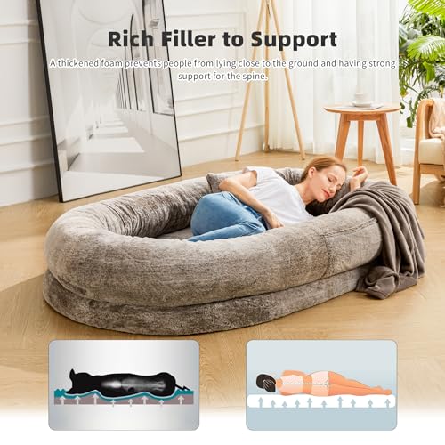 Human Size Dog Bed - 71''x47''x12.5'', Washable Faux Fur, Orthopedic, Plump Pillow, Blanket, Brown