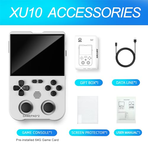 XU10 Retro Handheld Game Consoles, 3.5 inch IPS Screen, XU10 with a 64G Card Pre-Loaded 8000 Games, Support 20+ Kinds of Games Formats, with 3000 mAh battery life 6-8 hours White