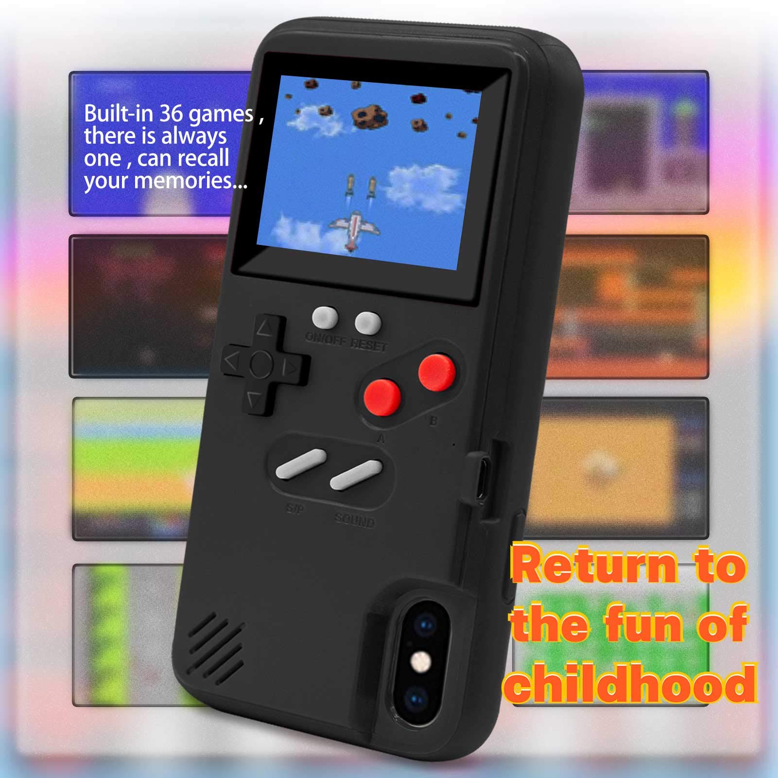 Game Console Case for iPhone,DIKKAR Retro Protective Cover Self-Powered Case with 36 Small Games,Full Color Display,Video Game Case for iPhone 11 Pro Max (Black)