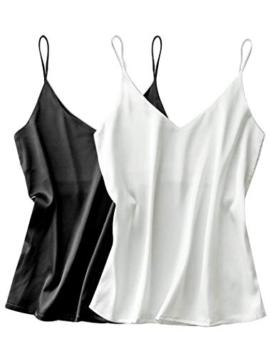 Ekouaer Women's Silk Satin Tank Tops Deep V Neck Stretch Camisole Tops Summer Sleeveless Shirts Blouses