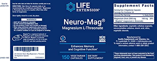 Life Extension Neuro-Mag Magnesium L-Threonate, 150 Veg Caps, Magtein Supplement for Women and Men