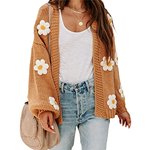 Women Crop Cardigan Sweater Long Lantern Sleeve 3D Flower Open Front Y2K Knit Cardigan Kawaii Crochet Sweater Tops (Camel+Flower, M)