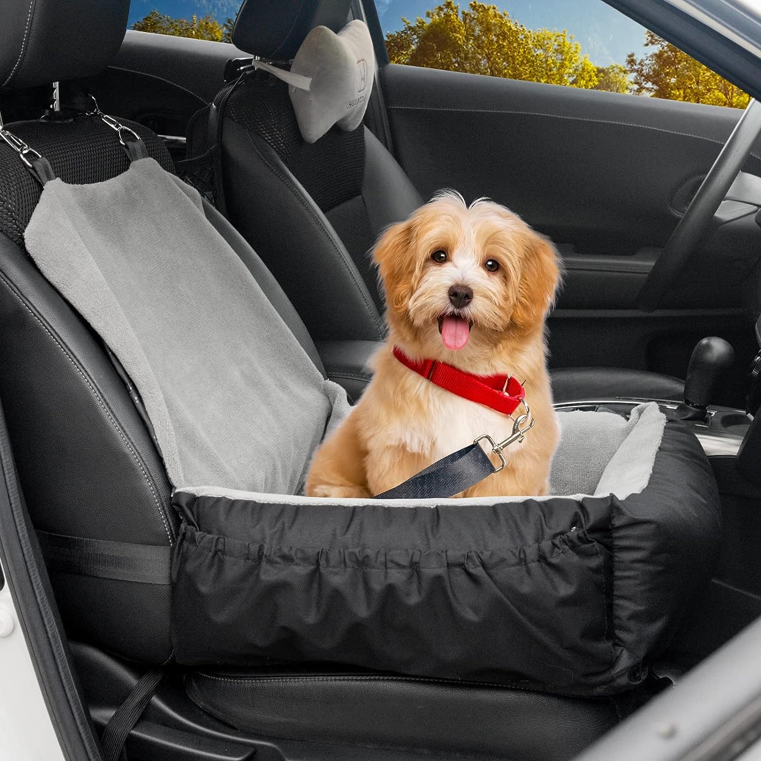 LBFO Dog Car Seat, Puppy Car Seat with Storage Pockets and Clip-On Safety Leash, Washable Coral Fleece Pet Car Seat for Small Medium Dogs, Cat Car Seat for Travel Dog Car Bed