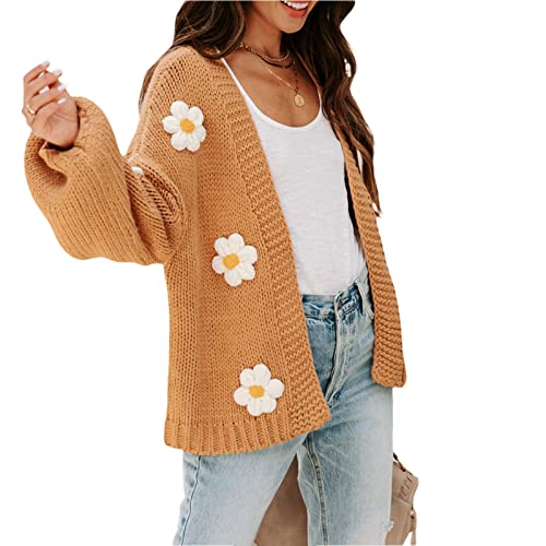 Women Crop Cardigan Sweater Long Lantern Sleeve 3D Flower Open Front Y2K Knit Cardigan Kawaii Crochet Sweater Tops (Camel+Flower, M)