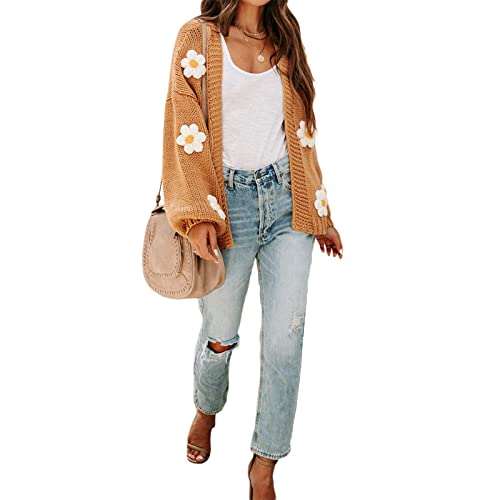 Women Crop Cardigan Sweater Long Lantern Sleeve 3D Flower Open Front Y2K Knit Cardigan Kawaii Crochet Sweater Tops (Camel+Flower, M)