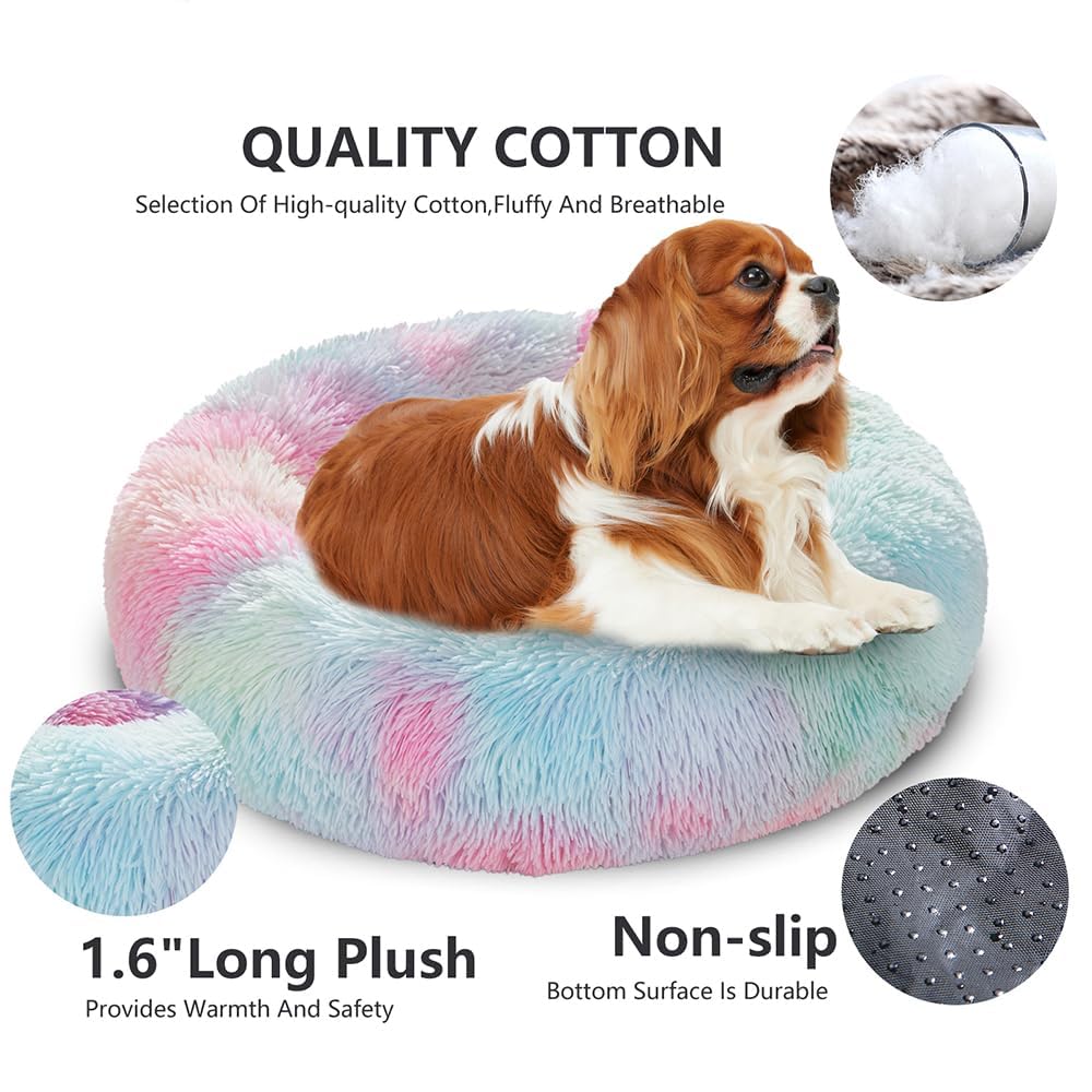 Cat Beds for Indoor Cats - Cat Bed Washable 24 inches, Dog Beds for Small Medium Dogs, Anti Anxiety Round Fluffy Plush Faux Fur Cat Bed, Thick Bottom (Rainbow, Large)