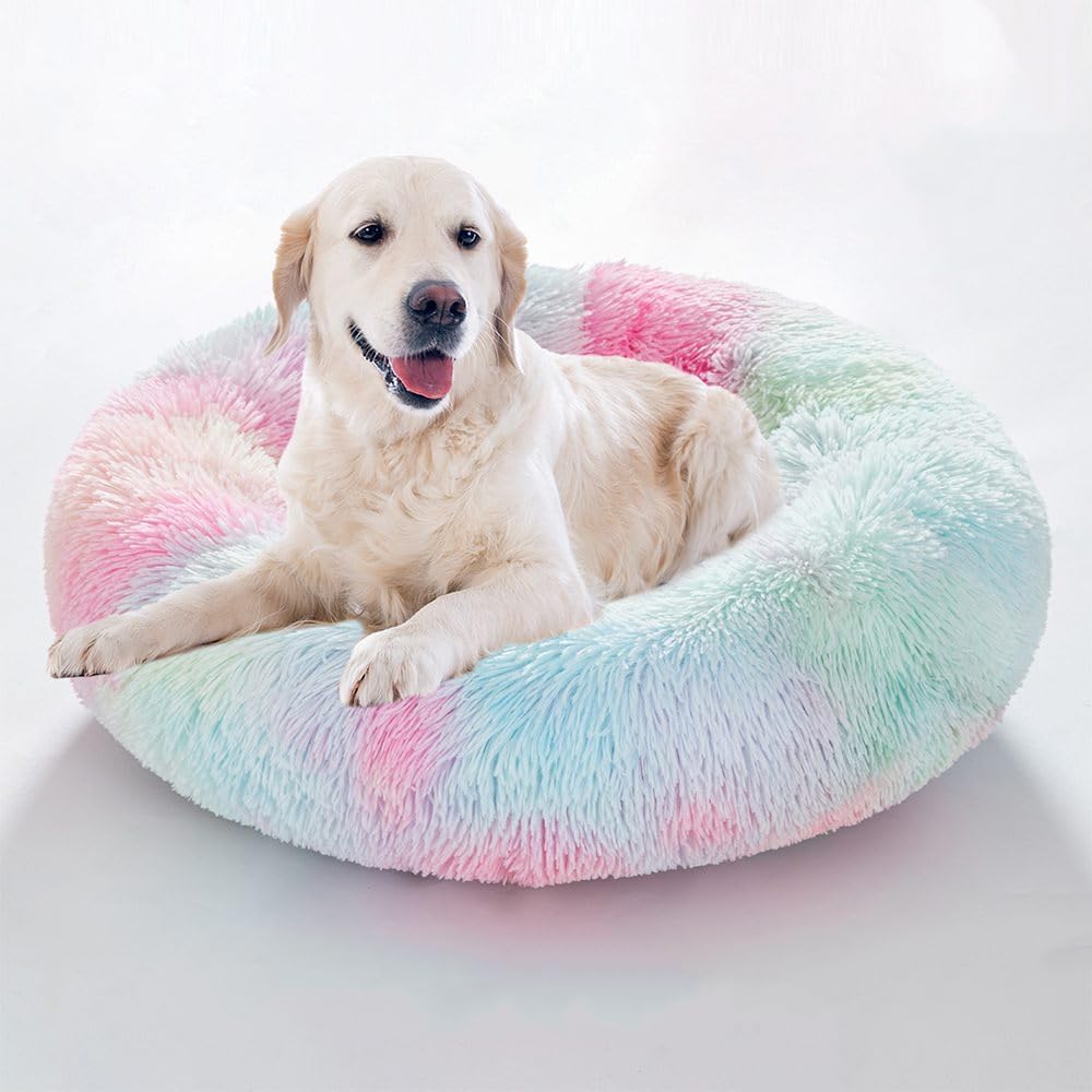 Cat Beds for Indoor Cats - Cat Bed Washable 24 inches, Dog Beds for Small Medium Dogs, Anti Anxiety Round Fluffy Plush Faux Fur Cat Bed, Thick Bottom (Rainbow, Large)