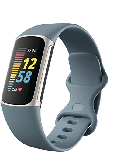 Fitbit Charge 5 Advanced Fitness, Health Tracker with Built-in GPS, Stress Management Tools, Sleep Tracking, 24/7 Heart Rate & More, Platinum, Mineral Blue, One Size S & L Band, Steel Blue (Renewed)