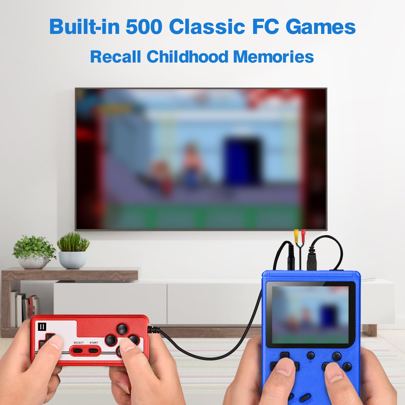 Avainaly Handheld Game Consoles, Retro Mini Game Player with 500 Classic FC Games, 2.8-Inch Color Screen Support for Connecting TV & Two Players, 1020 mAh Rechargeable Battery (Blue)