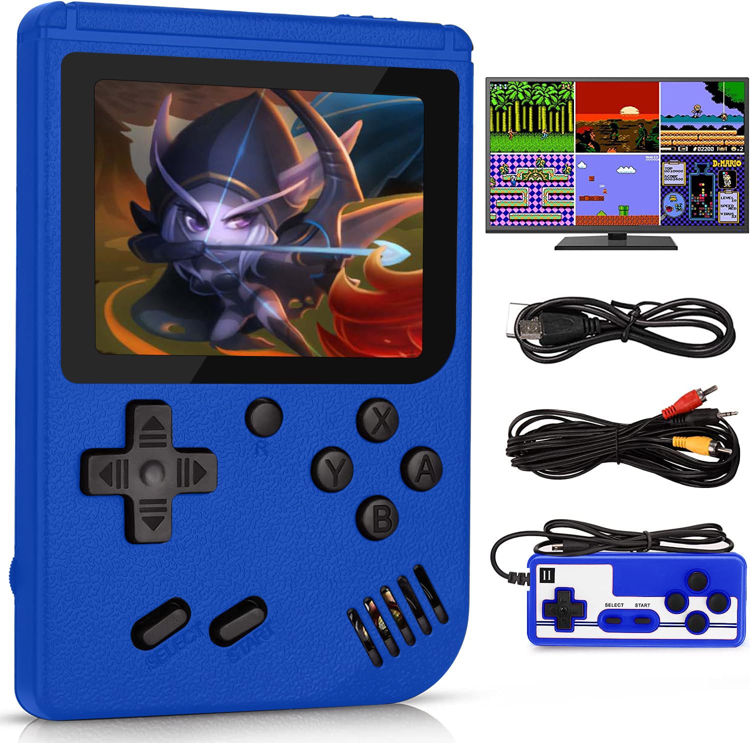 Avainaly Handheld Game Consoles, Retro Mini Game Player with 500 Classic FC Games, 2.8-Inch Color Screen Support for Connecting TV & Two Players, 1020 mAh Rechargeable Battery (Blue)