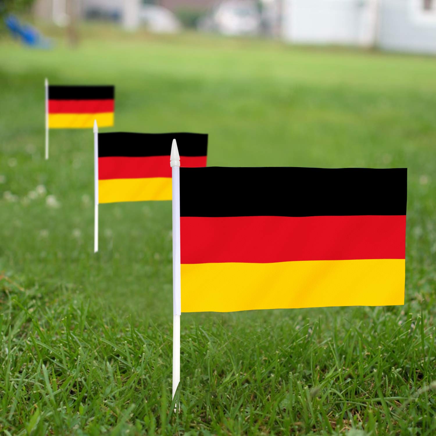 Anley Germany Mini Flag 12 Pack - Hand Held Small Miniature German Flags on Stick - Fade Resistant & Vivid Colors - 5x8 Inch with Solid Pole & Spear Top
